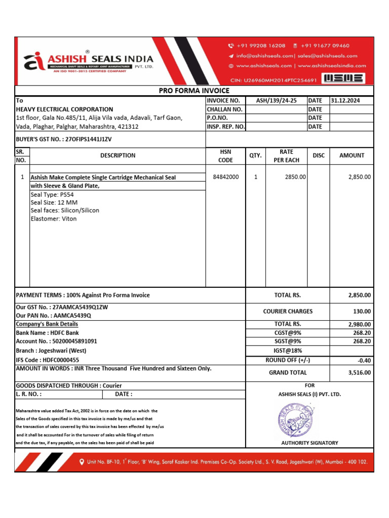 Pro Forma Invoice for Ashish Seals | PDF | Invoice | Pro Forma