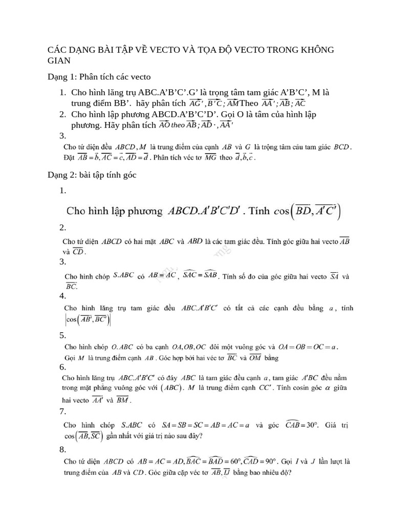 BÀI TẬP VECTO VÀ TỌA ĐỘ KHÔNG GIAN | PDF