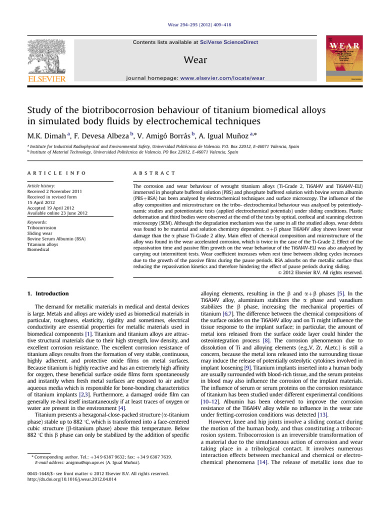 Biotribocorrosion Behaviour of Titanium Biomedical Alloys in Simulated ...