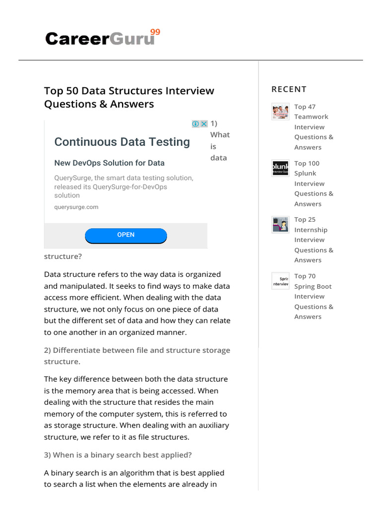 Top 50 Data Structure Interview Questions And Answers190917 Pdf Pointer Computer Programming