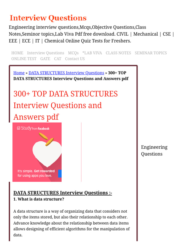 300+ TOP DATA STRUCTURES Interview Questions and Answers PDF | PDF | Pointer (Computer ...