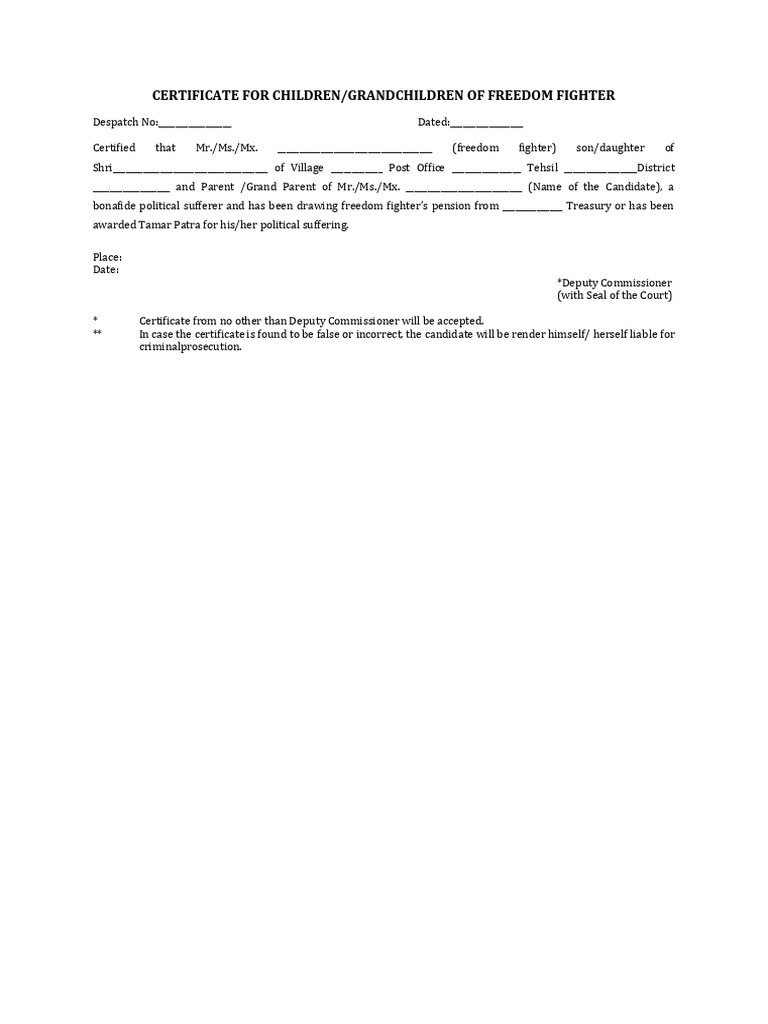Certificate For Children/Grandchildren of Freedom Fighter | PDF