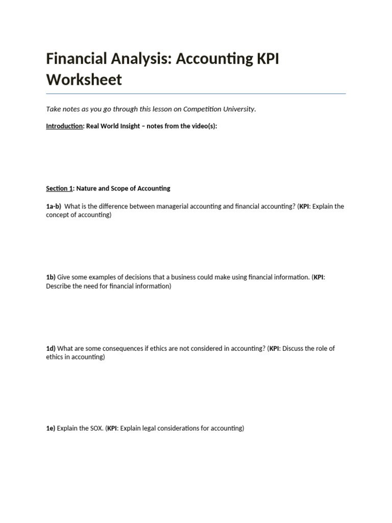 Financial Analysis-Accounting KPI Worksheet | PDF