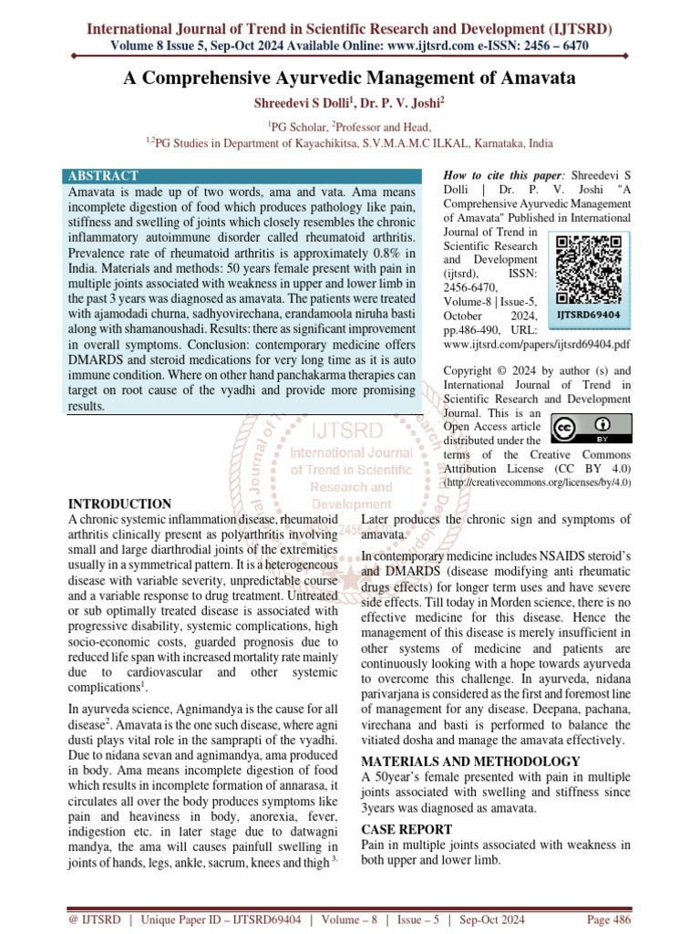 A Comprehensive Ayurvedic Management of Amavata | PDF | Rheumatoid ...