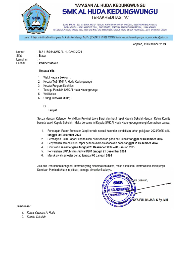 Surat Edaran - Libur Akhir Semester Ganil 2024 | PDF