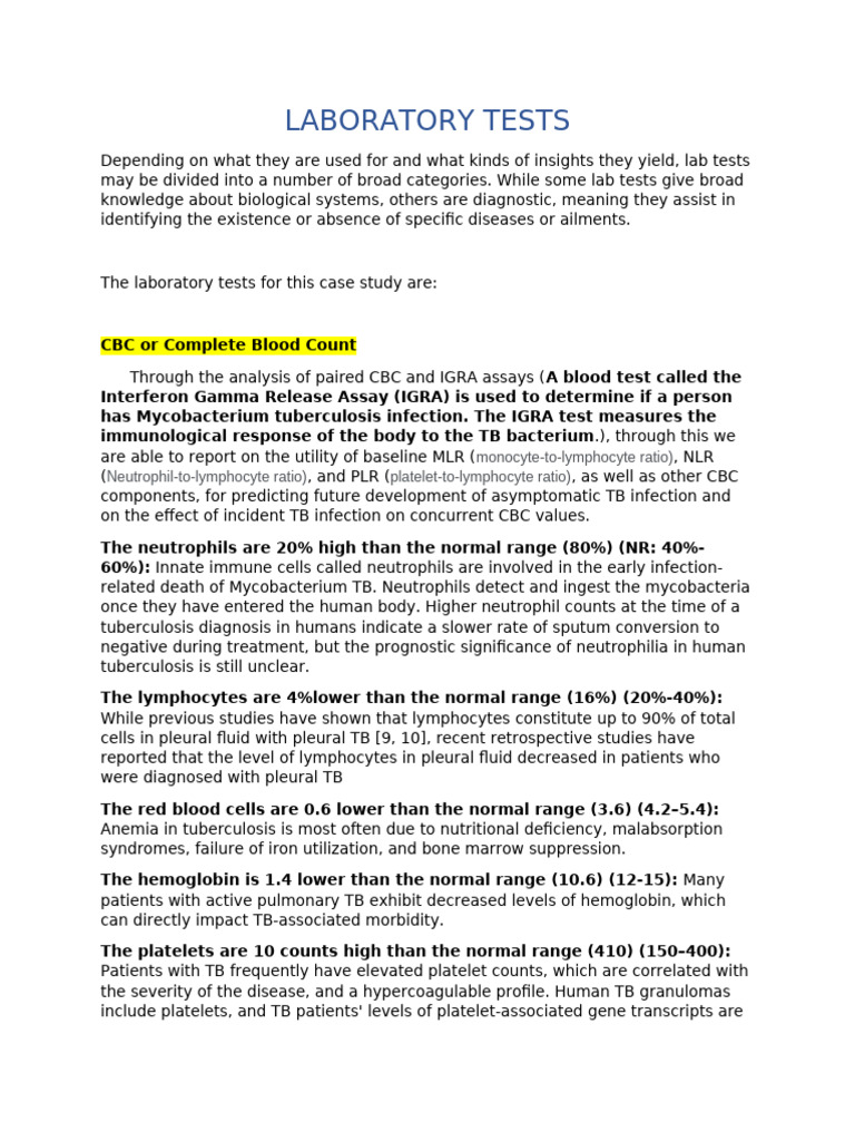 PULMONARY TUBERCULOSIS LAB TESTS | PDF | Tuberculosis | Clinical Medicine