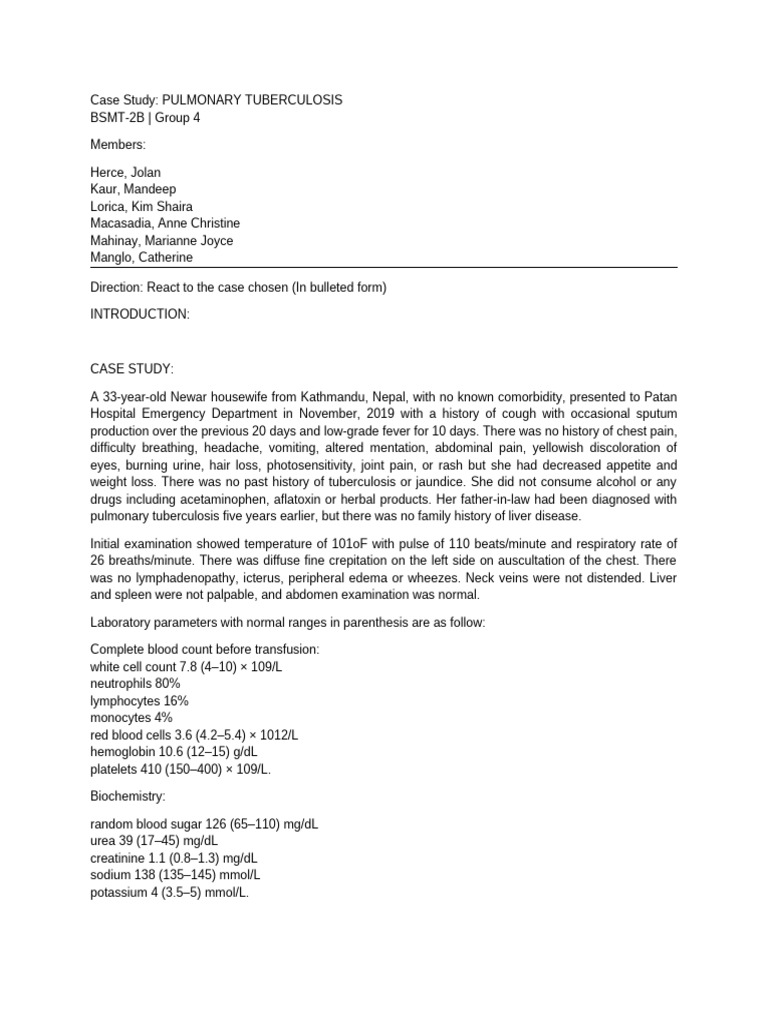 Case Study - Pulmonary Tuberculosis - Group 4 - BSMT-2B | PDF ...