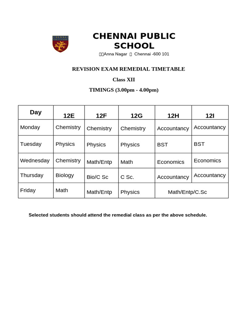 CLASS 12 Remedial Timetable | PDF