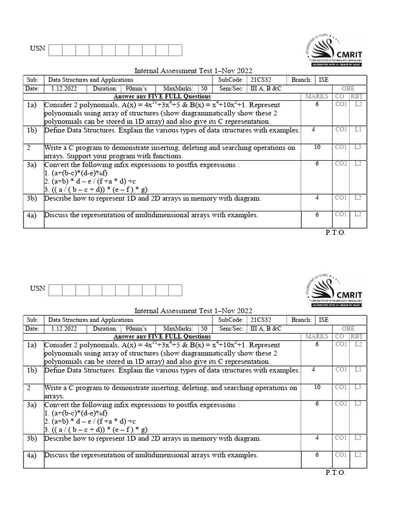 IAT-I 2022 ISE 21CS32 Data Structure and Applications Dec-2022-Dr. Ramya C | PDF | Integer ...