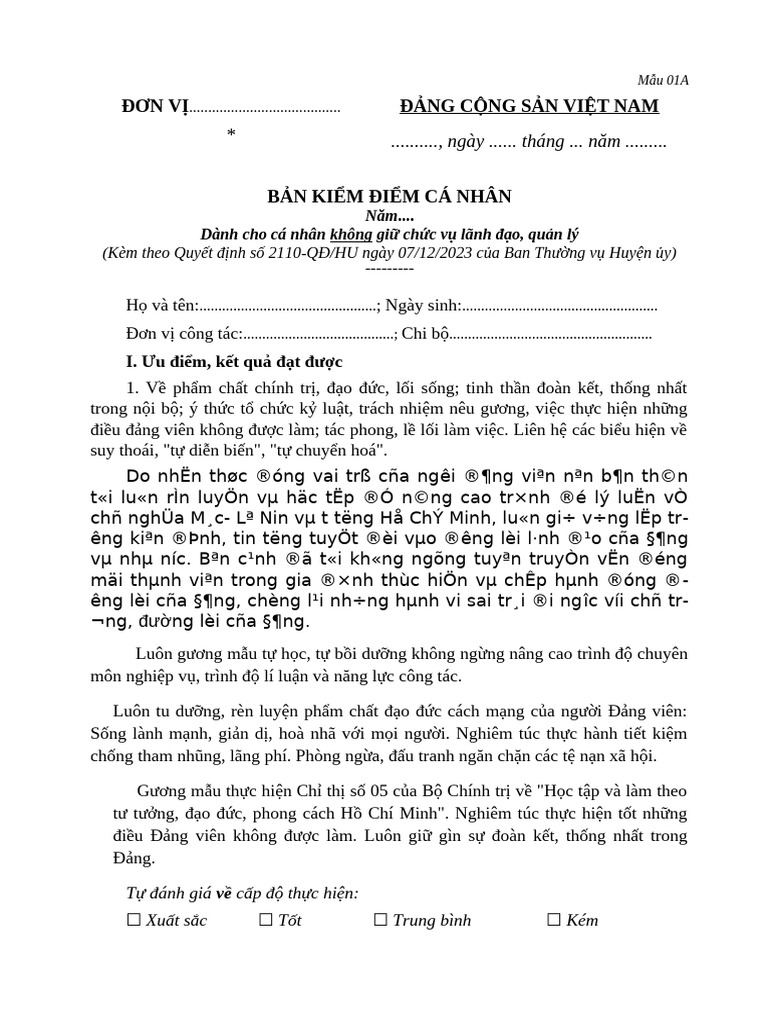 Mau 01A. BC Kiem Diem Ca Nhan Khong Giu Chuc Vu | PDF