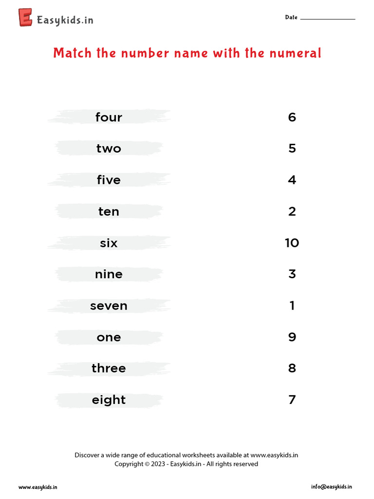 Match The Number Name With The Numeral 1 1 | PDF