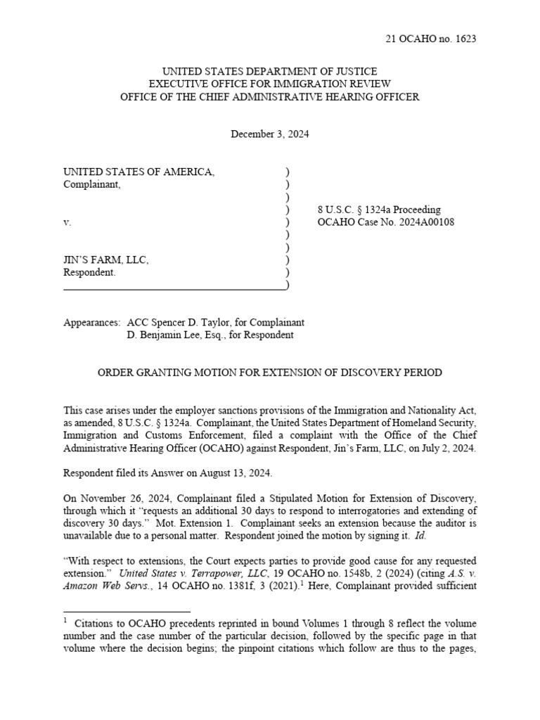 OCAHO Order on Discovery Extension | PDF | Discovery (Law) | Law Of The ...