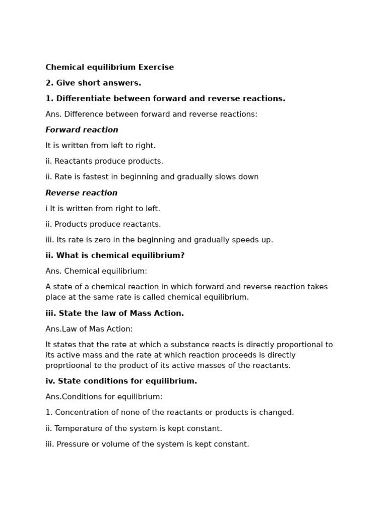 Chemical Equilibrium (Exercise) | PDF | Chemical Equilibrium | Reaction ...