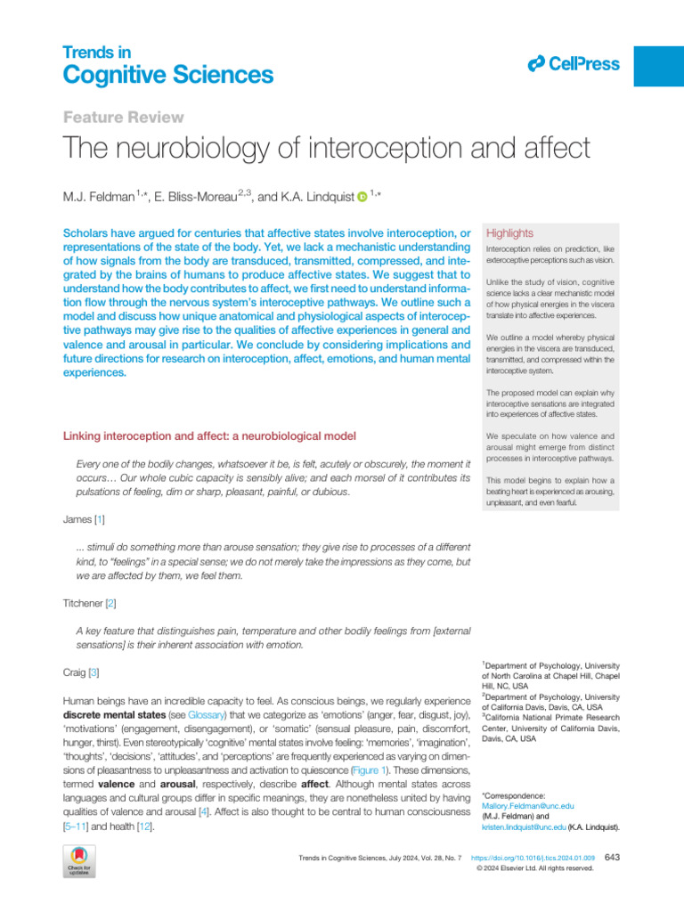 The Neurobiology of Interoception and Affec - 2024 - Trends in Cognitive Science | PDF