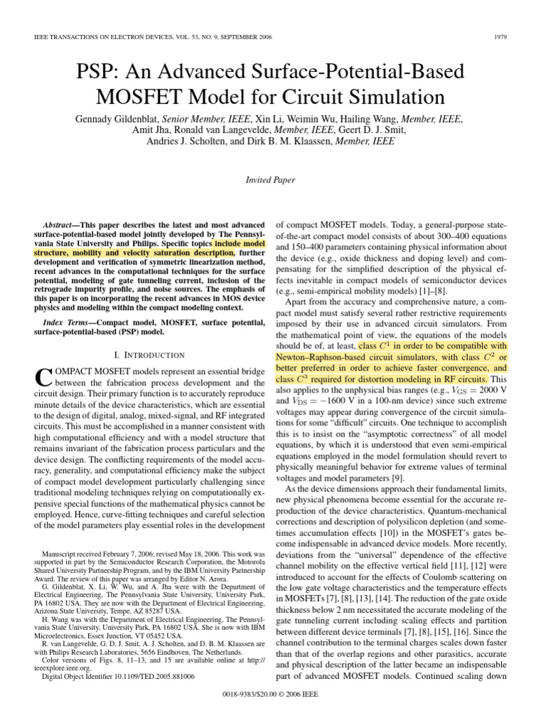 PSP An Advanced Surface-Potential-Based MOSFET Model For Circuit Simulation | PDF | Mosfet ...