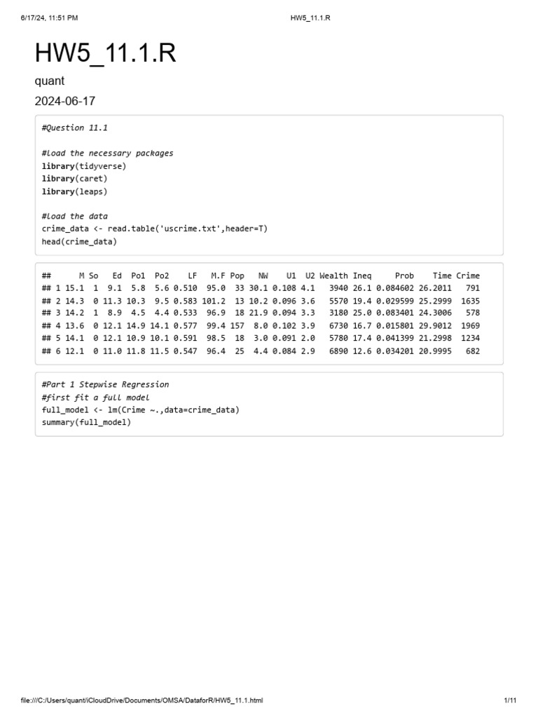 HW5_11.1.R_Submission | PDF | Coefficient Of Determination | Errors And Residuals