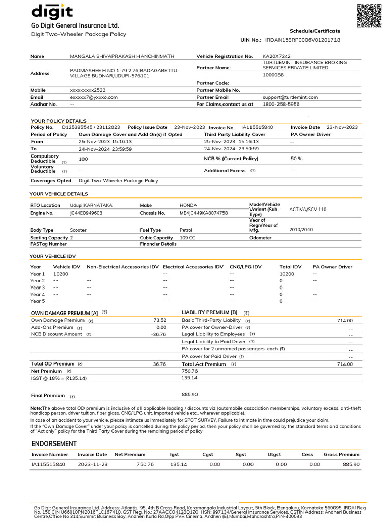 Digit Two-Wheeler Insurance Policy Details | PDF | Insurance ...