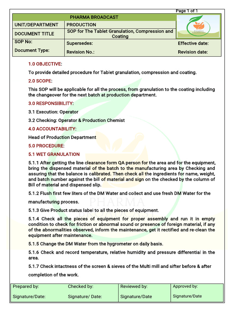 SOP For Granulation, Compression and Coating | PDF | Tablet (Pharmacy)