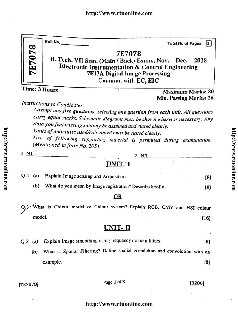 Btech Ec Ei 7 Sem Digital Image Processing 7e7078 Dec 2018 | PDF