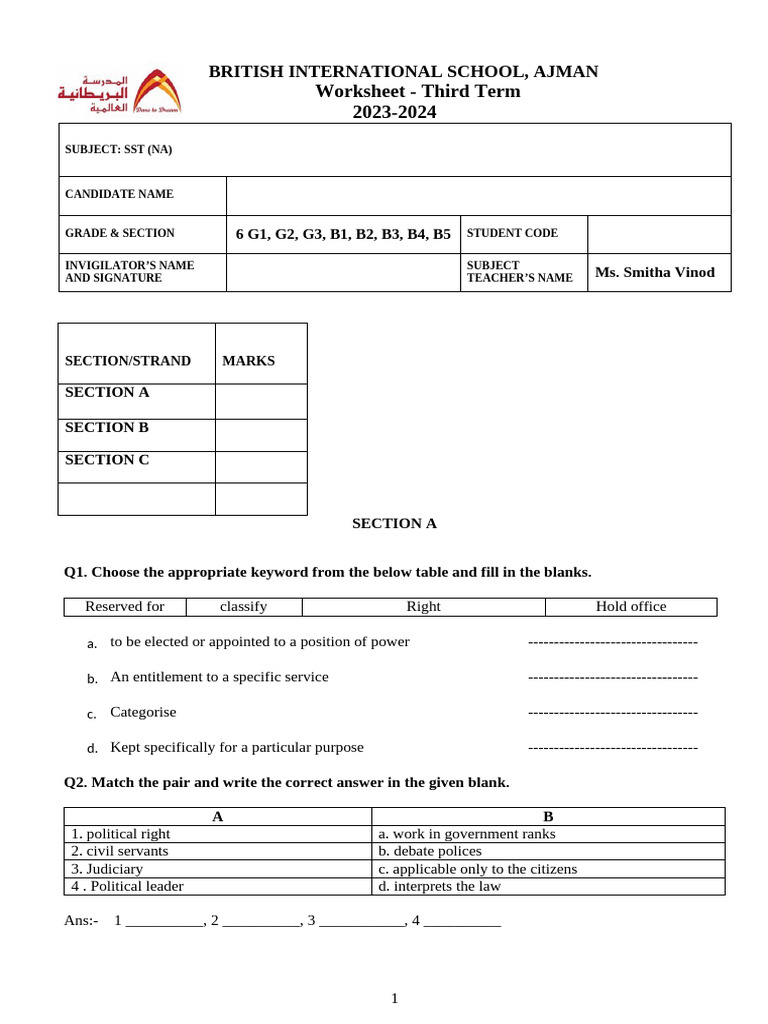 SST Worksheet for Grade 6 - Term 3 | PDF | Governance | Government