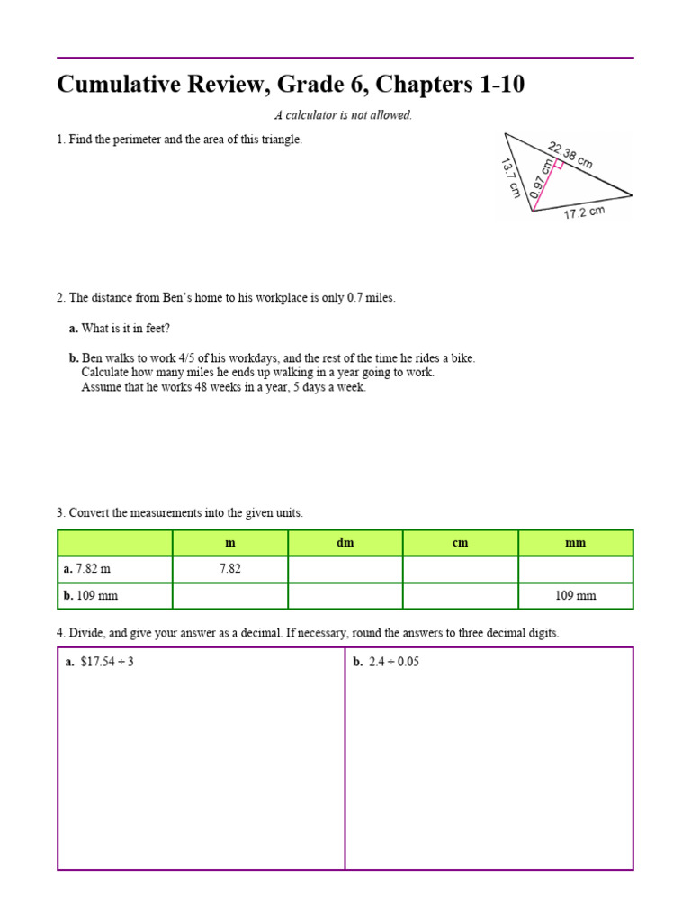 Cumulative Review Chapters1-10 gr6 | PDF | Area | Mathematics