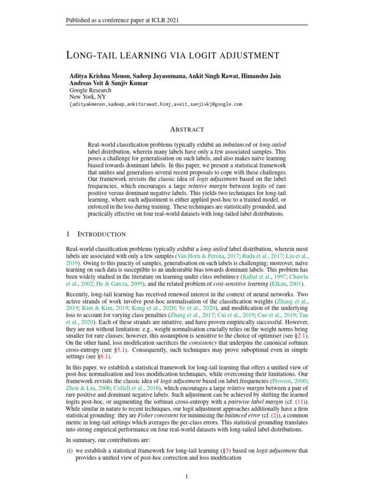 ICLR 2021 Logit Adjust 358 Long Tail Learning Via Logit A | PDF | Artificial Neural Network ...