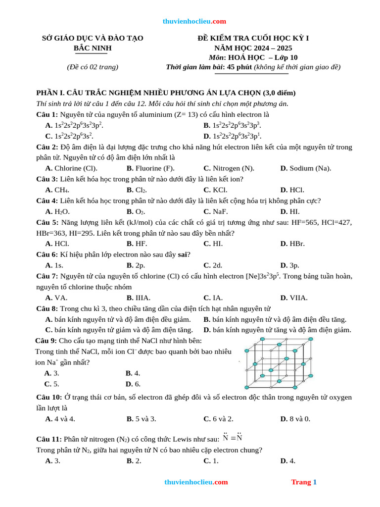 De Kiem Tra Cuoi HK1 Hoa 10 SO GD Bac Ninh 24 25 | PDF