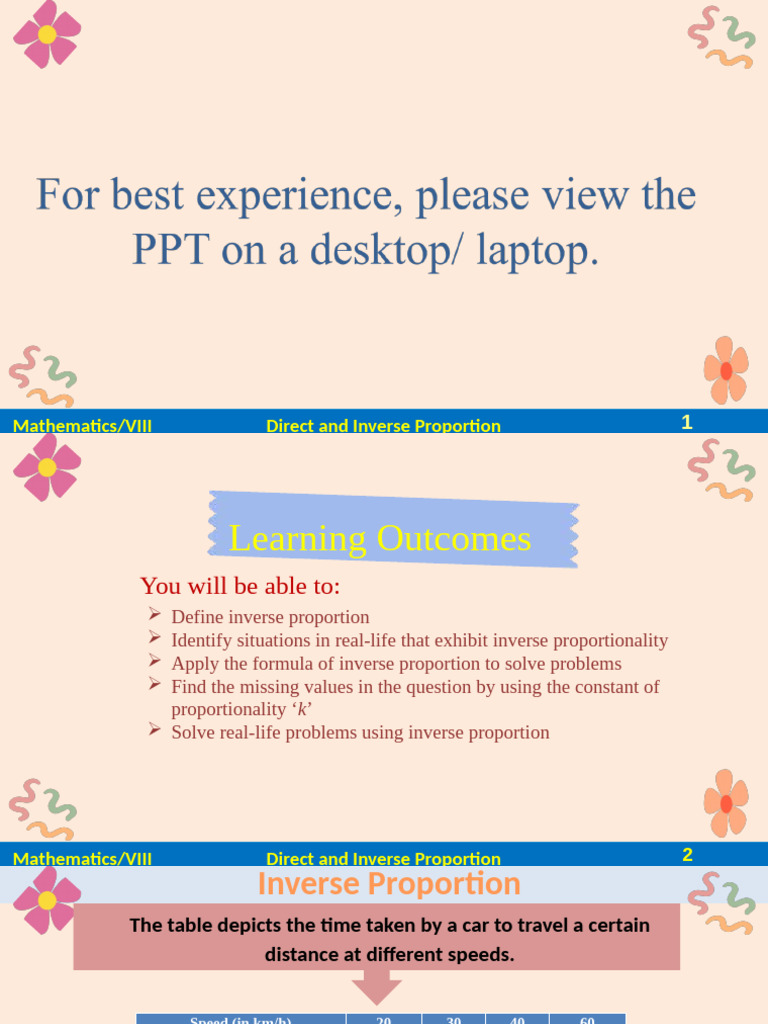 PPT1_CB_VIII_Math_Direct and Inverse Proportion | PDF | Speed | Quantity
