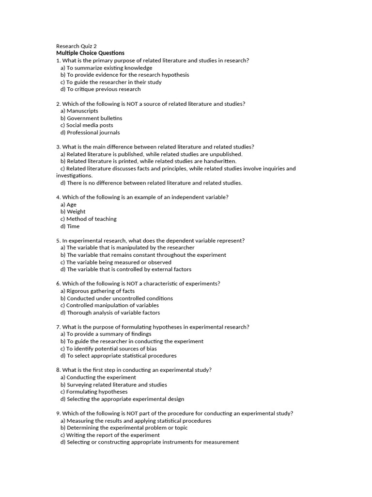 Research Quiz for Students | PDF | Experiment | Dependent And ...
