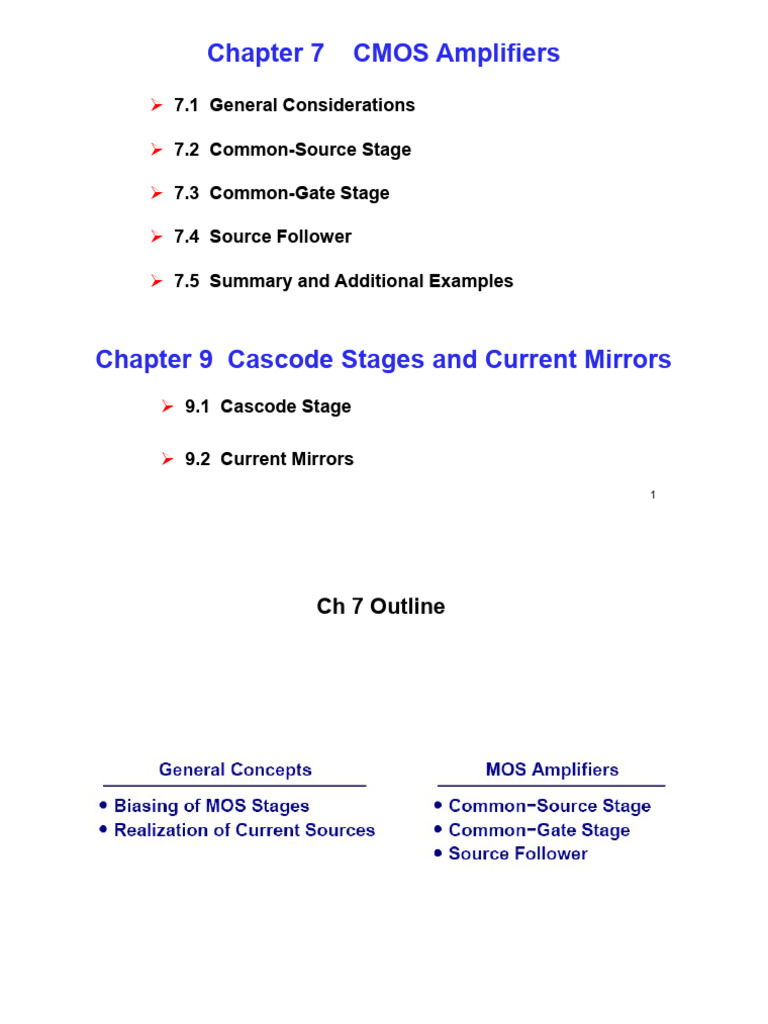 Ch07 CMOS Amplifiers Ch09 Cascode Stages and Current Mirrors 2024 V3print | PDF | Amplifier | Mosfet