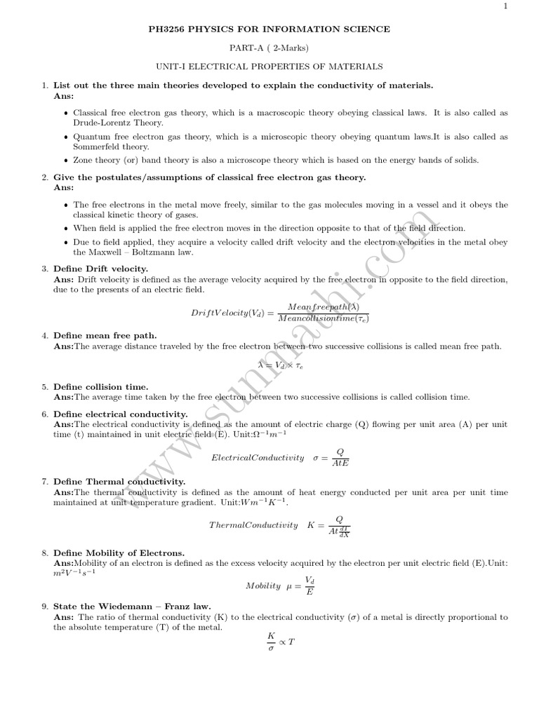 PH3256 Physics For Information Science Unit1&2 Part-A Q&A | PDF