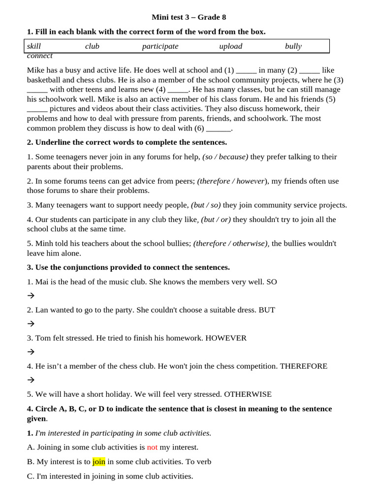 Mini test 3 | PDF | Adolescence