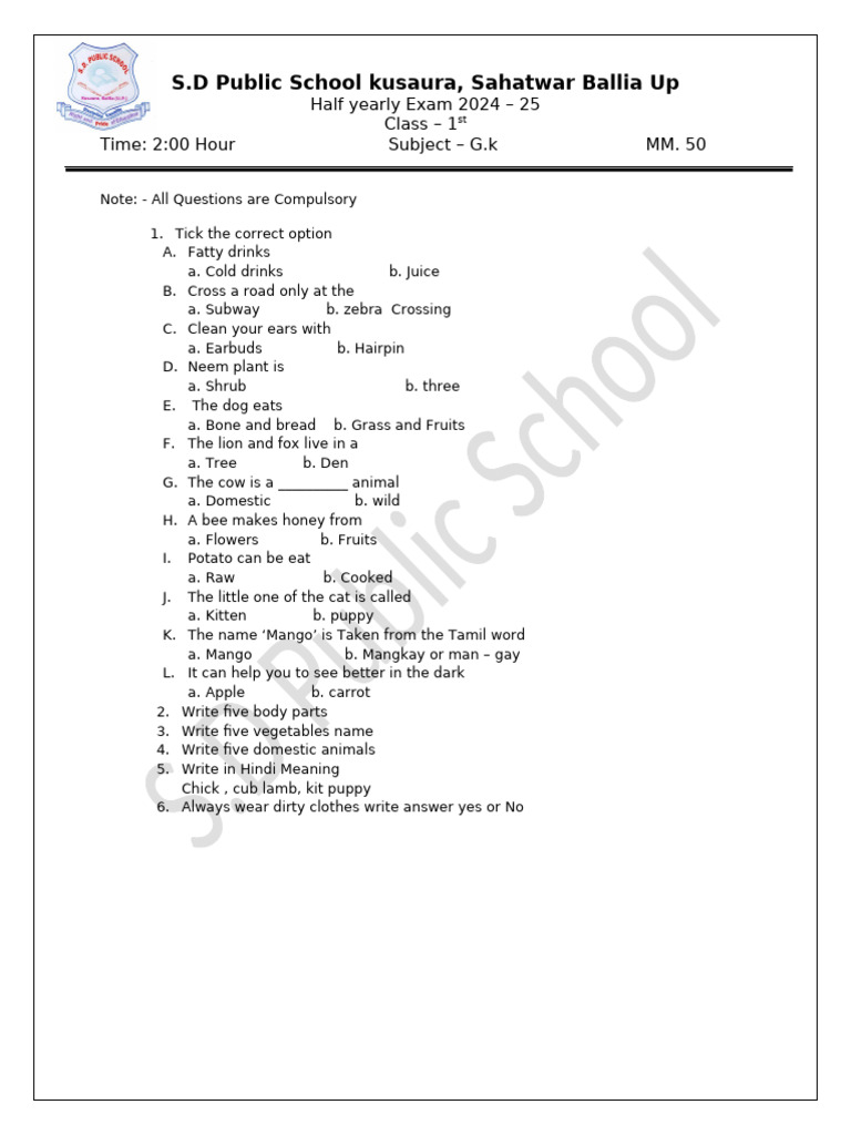 S.D Public School Kusaura, Sahatwar Ballia Up | PDF