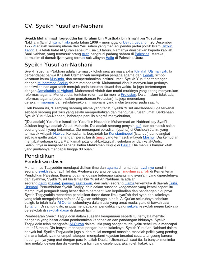 CV. Syeikh Yusuf an-Nabhani | PDF