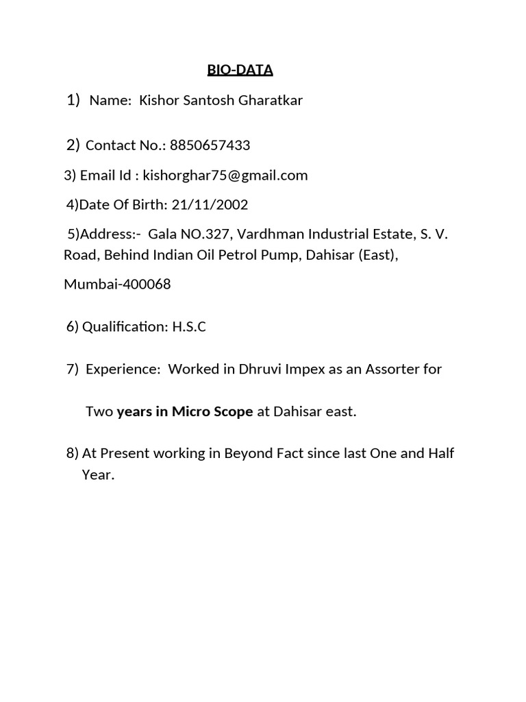 Bio-Data of Kishor Gharatkar | PDF