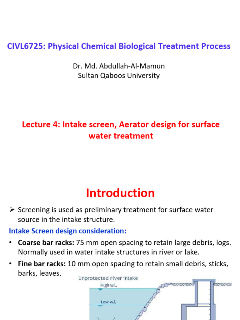 Lecture 4 - Screen, Aerator For Surface Water | PDF | Water | Chemical ...