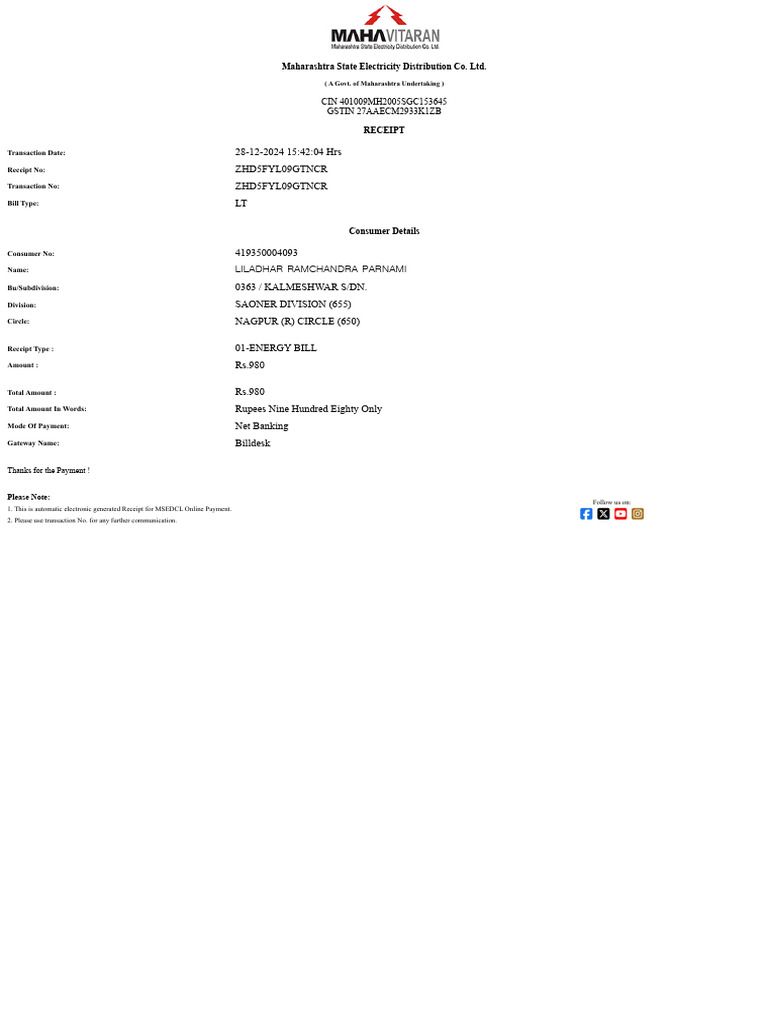 Payment Receipt - Online Bill (LT) 419350004093 | PDF | Receipt | Payments