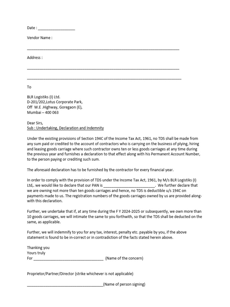 TDS Declaration F Y 2024-2025 | PDF