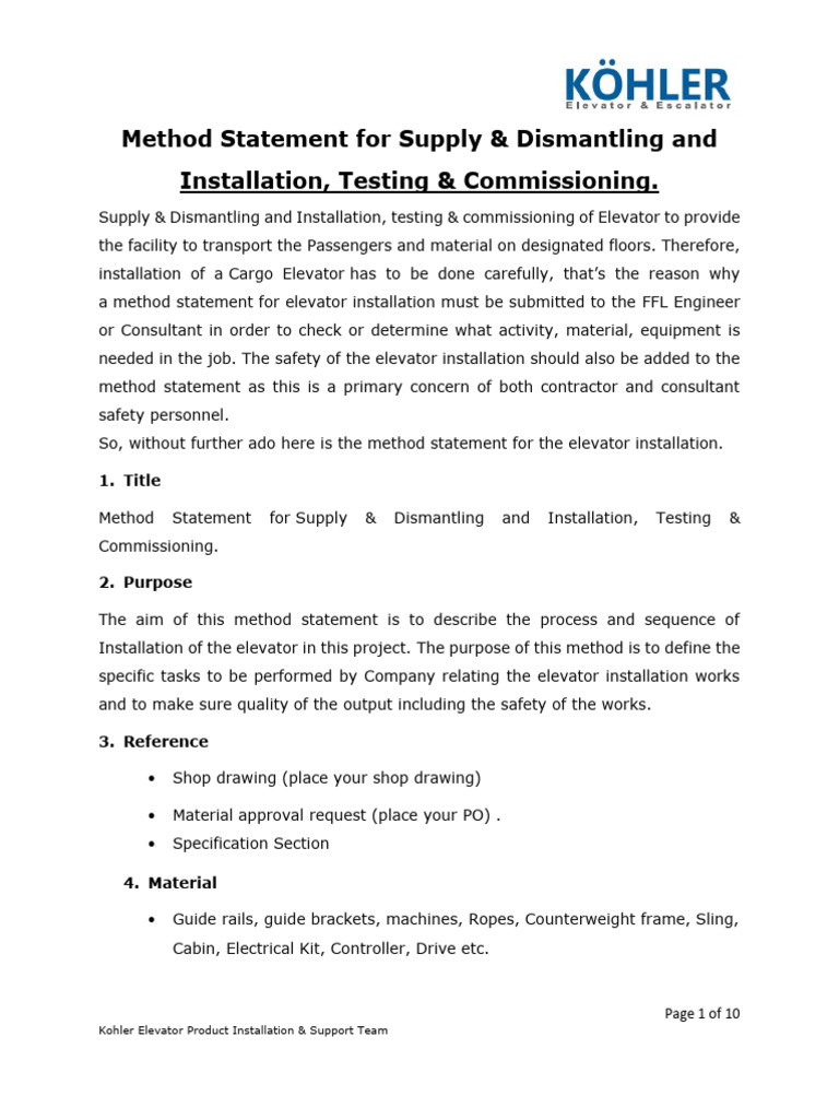 Method Statement For Elevator Installation | PDF | Elevator | Rope