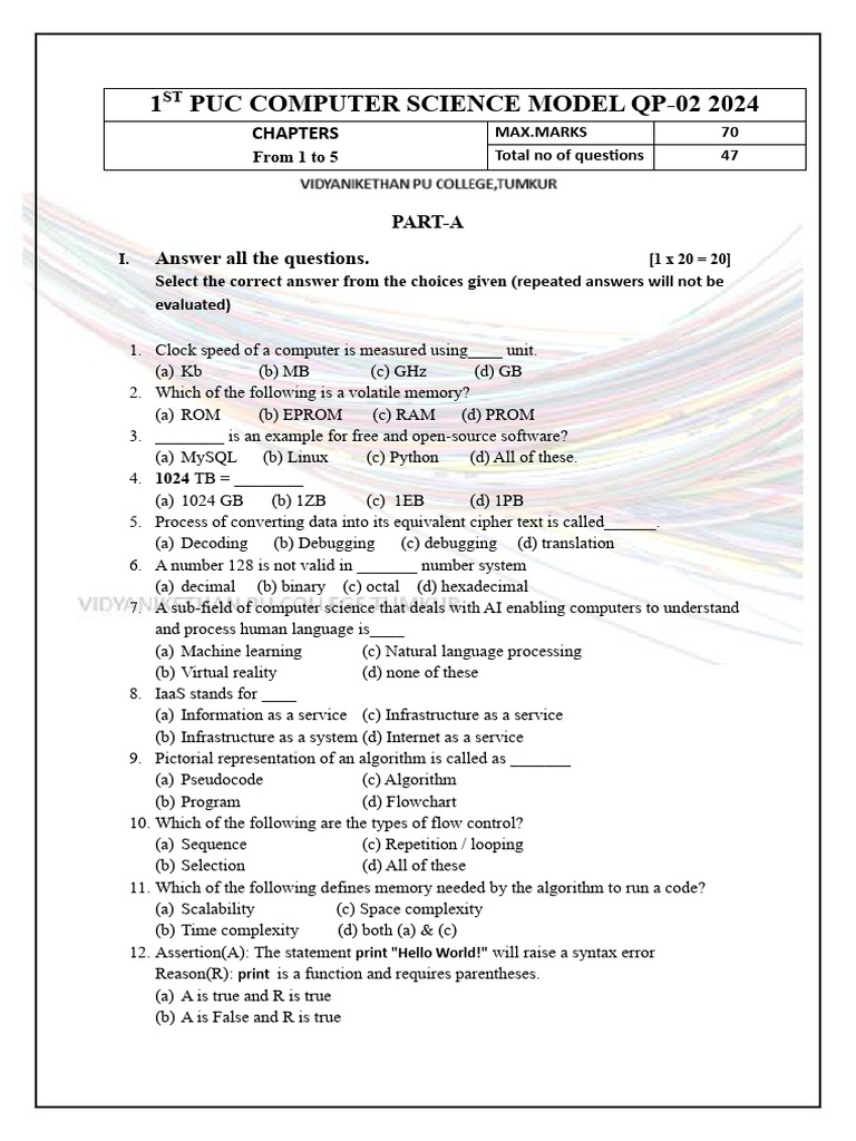 1ST Puc Computer Science Model QP-2 2024 - 241202 - 212213 | PDF