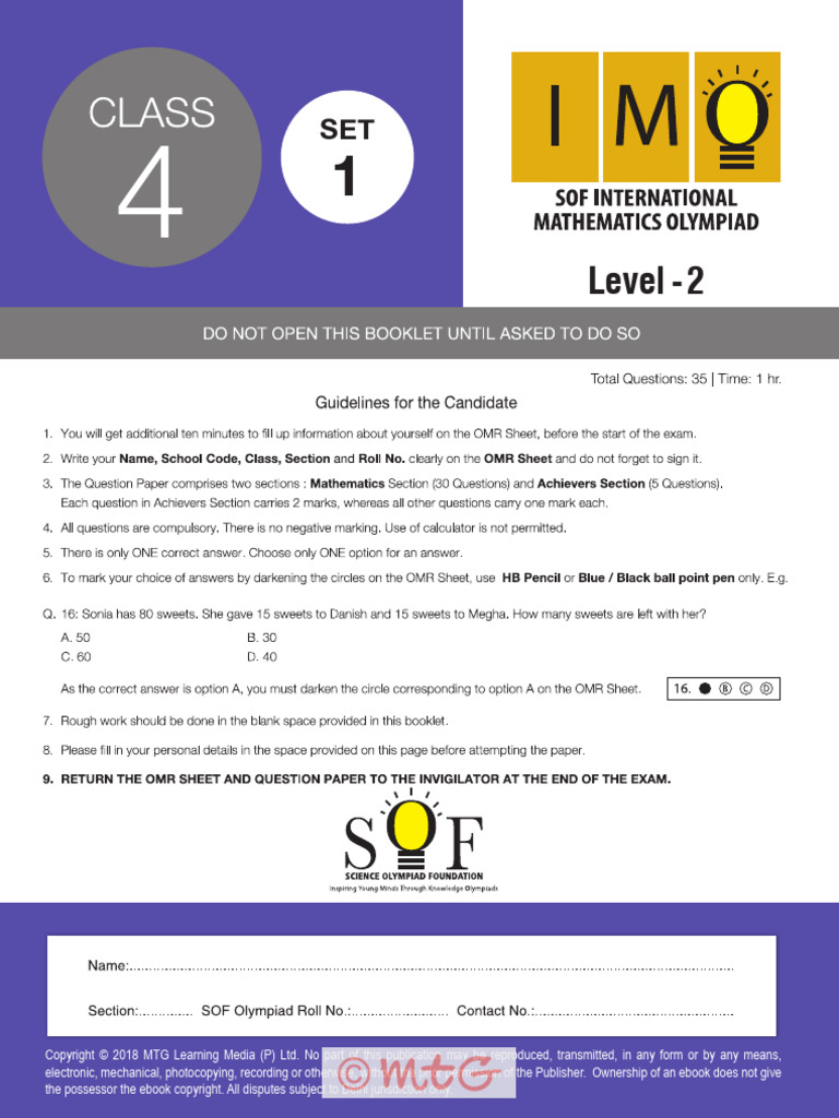 Imo Level2 Class 4 Set 1 | PDF