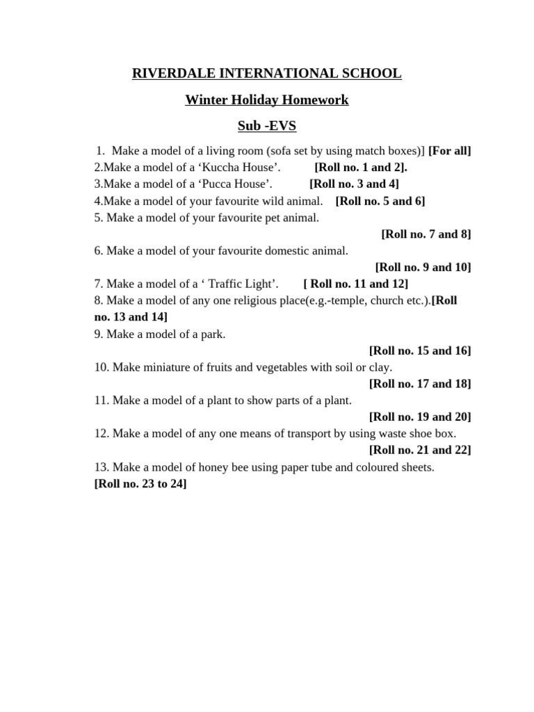 Class 1 EVS Winter Homework Tasks | PDF