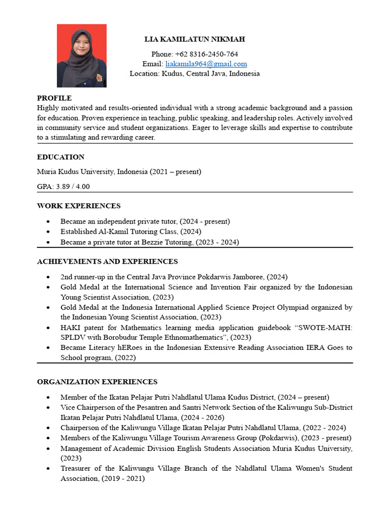 CV Lia Kamilatun Nikmah-1 | PDF
