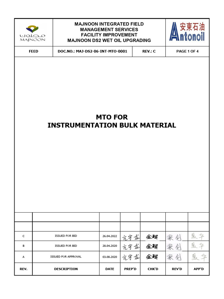 MAJ-DS2-06-INT-MTO-0001 - C MTO For Instrumentation Bulk Material | PDF ...