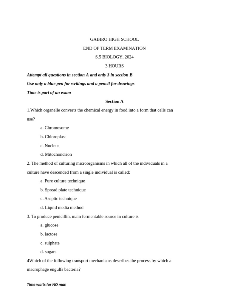 S.5 Biology End of Term Exam 2024 | PDF | Dna | Cell (Biology)