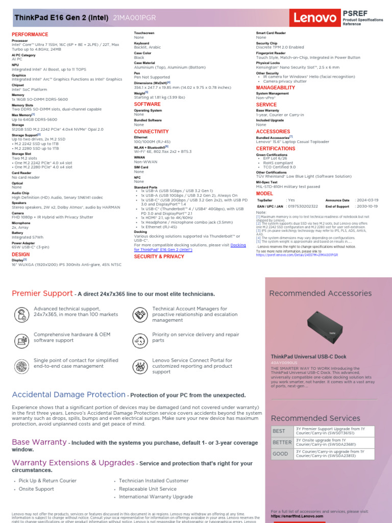 ThinkPad E16 Gen 2 Intel 21MA001PGR | PDF | Usb | Computer Science