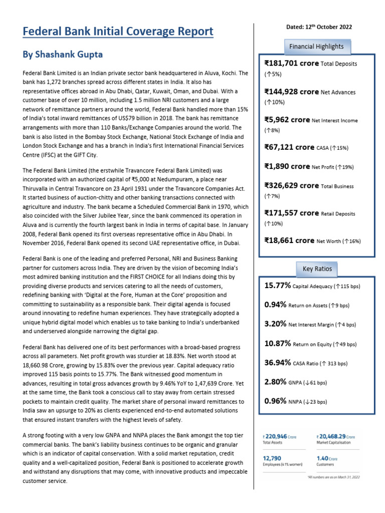 6th Week (Federal Bank Initial Coverage Report) | PDF | Banks | Payments