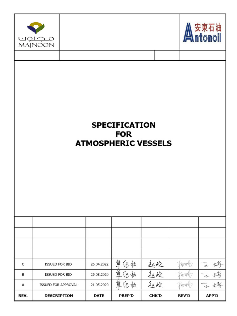 MAJ-GEN-01-MEC-SPC-0005 - C Specification For Atmospheric Vessels | PDF | Welding | Construction