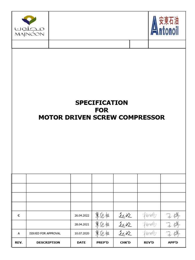 Motor Driven Screw Compressor Specs | PDF