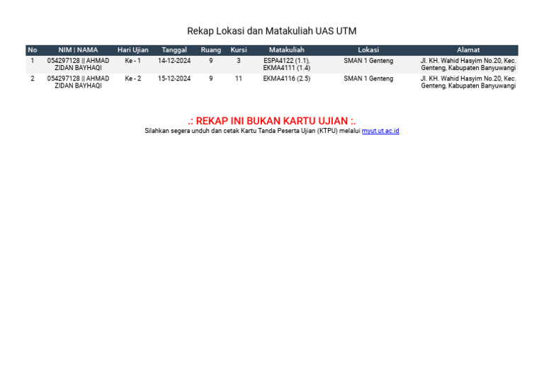 Rekap Lokasi Dan Matakuliah UAS UTM | PDF